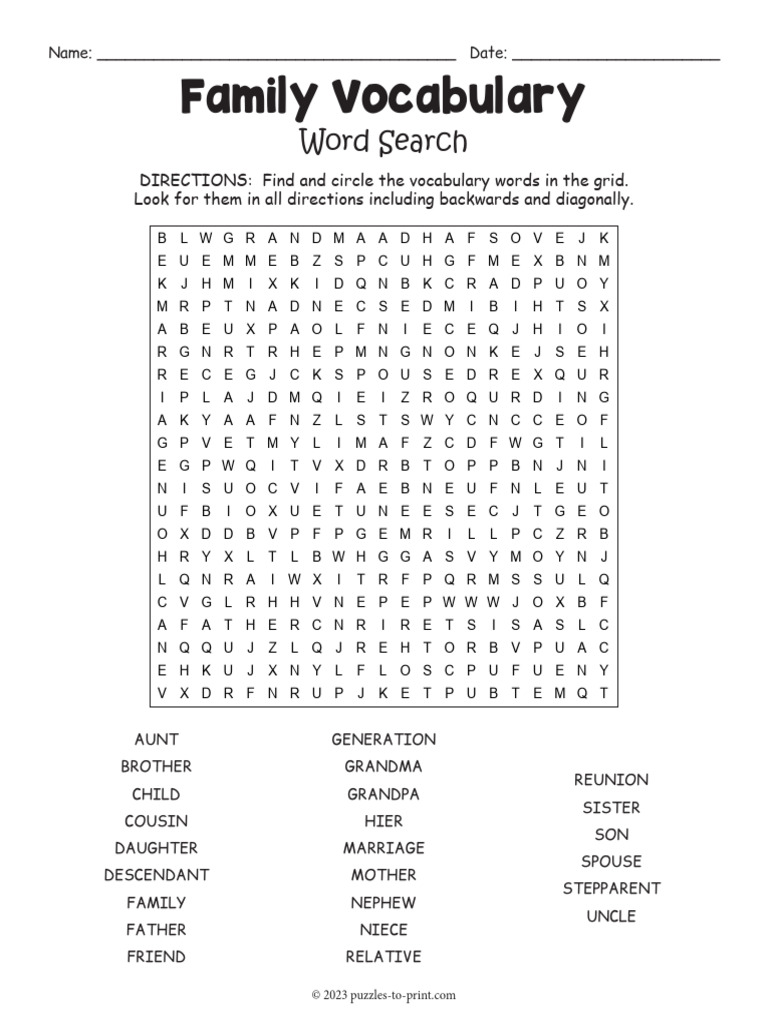 Family Vocabulary Word Search Puzzle | PDF | Word Search | Puzzles