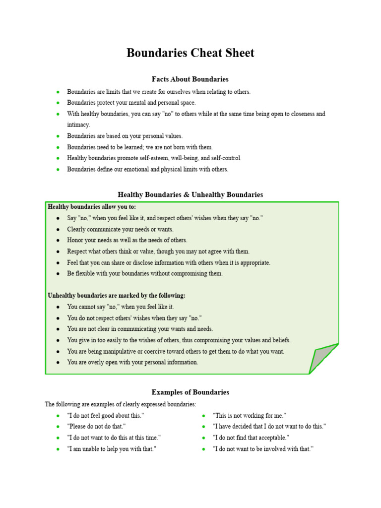 Boundaries Cheat SheetREDUCED | PDF | Social Psychology | Interpersonal ...