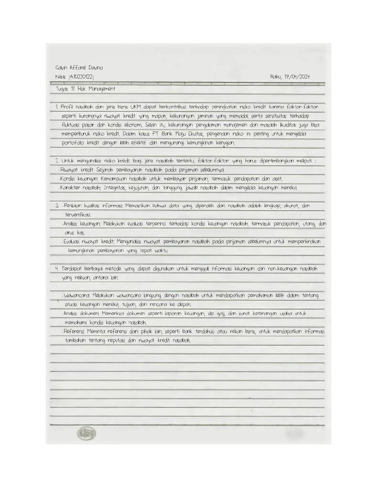 Calvin Affarel Davino (A10220122) Kelas Manajemen D - Tugas Risk Management | PDF