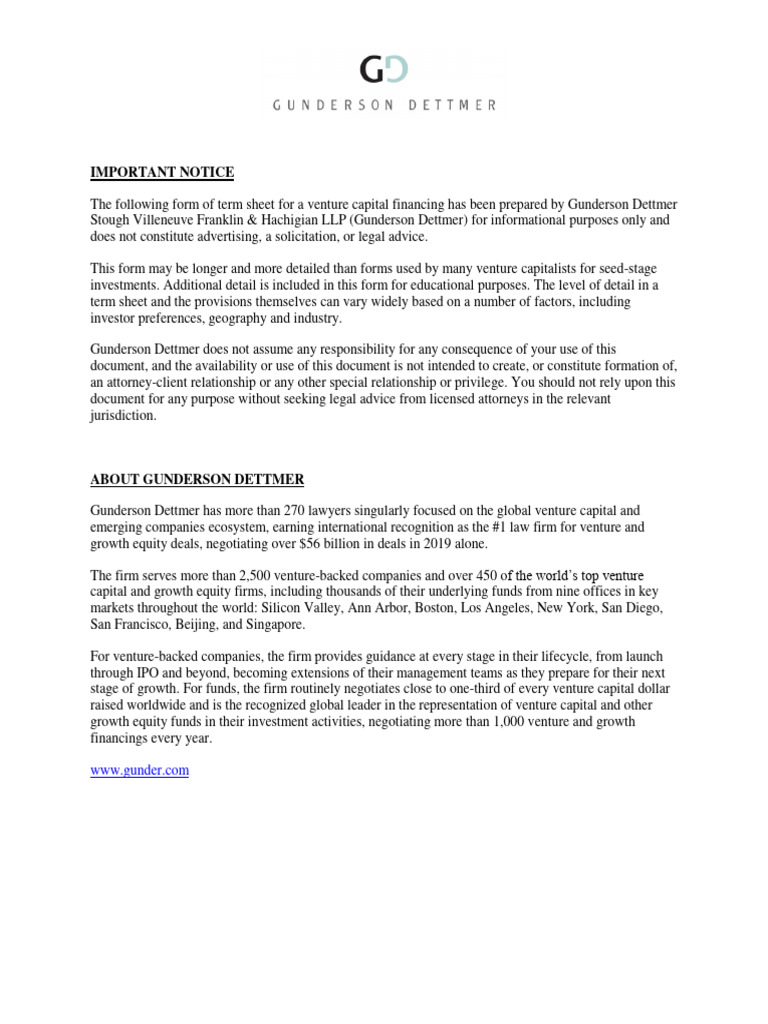 Gunderson Dettmer Series Seed Term Sheet | PDF | Stocks | Venture Capital