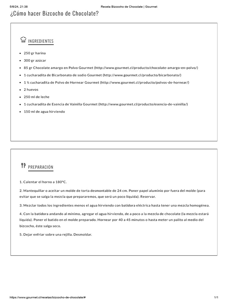 Receta Bizcocho De Chocolate Gourmet Pdf