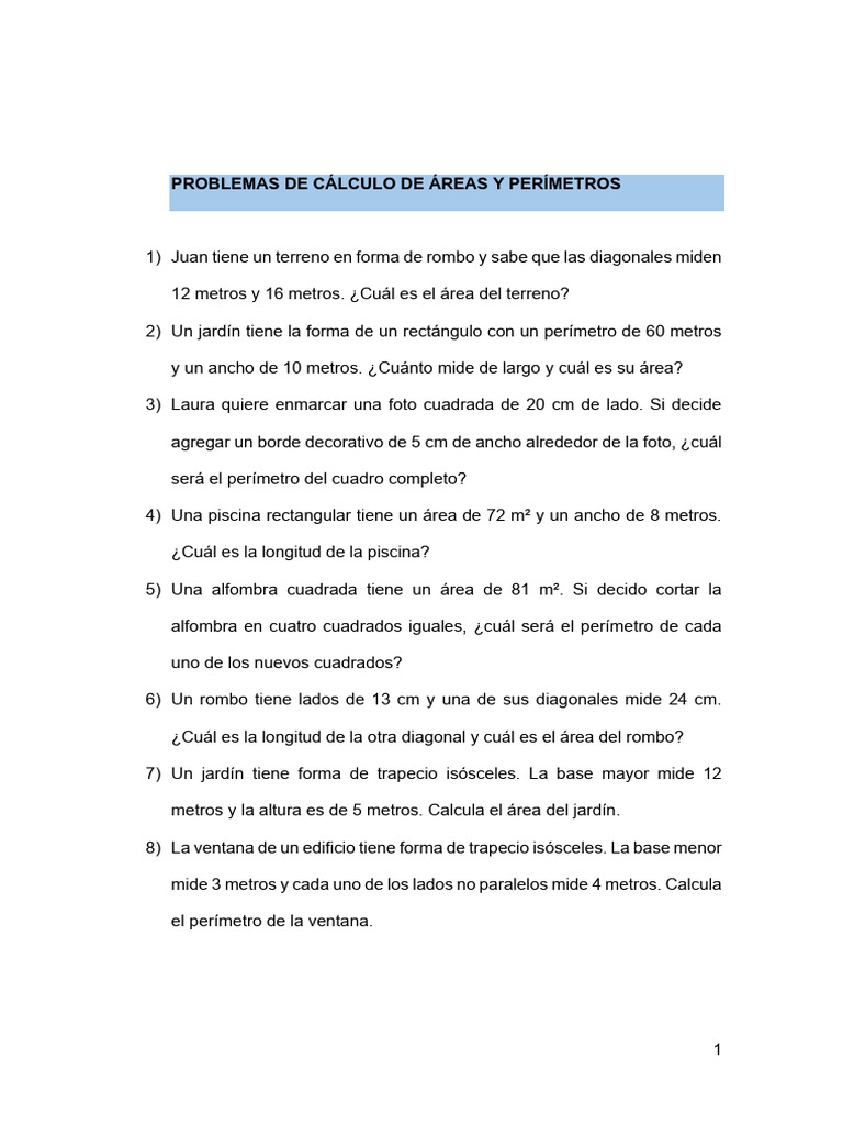 Problemas Calculo Areas Perimetros | PDF | Triángulo | Rectángulo