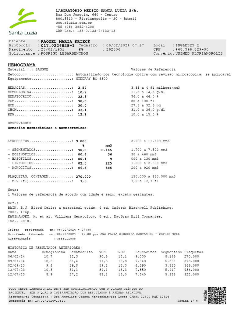 Resultados de Hemograma e Exames Lab. | PDF | Laboratório médico | Infecção