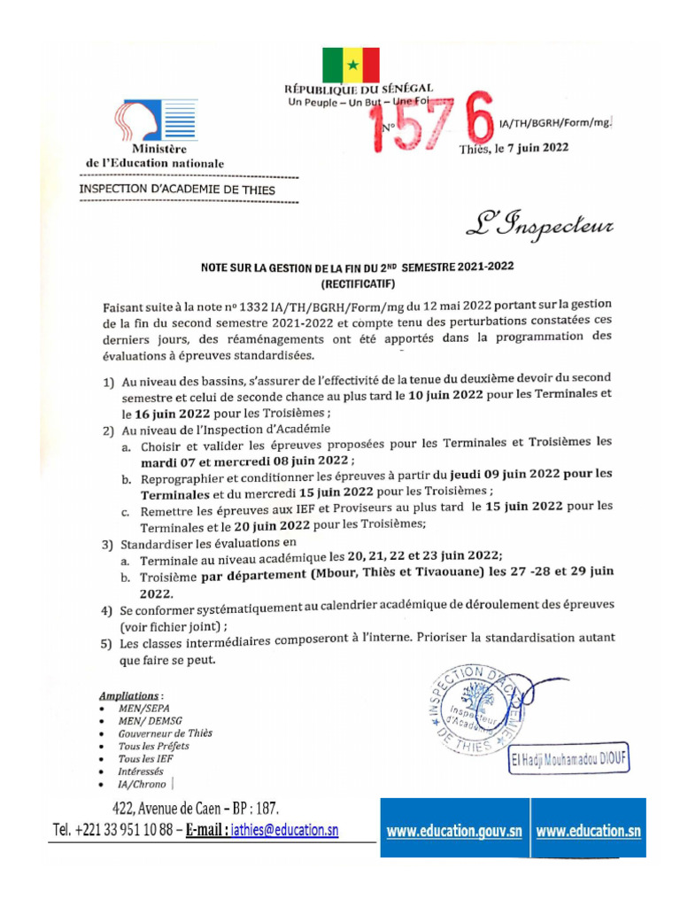 Calendrier Reamenage Composition Du Second Semestre 2021-2022 | PDF