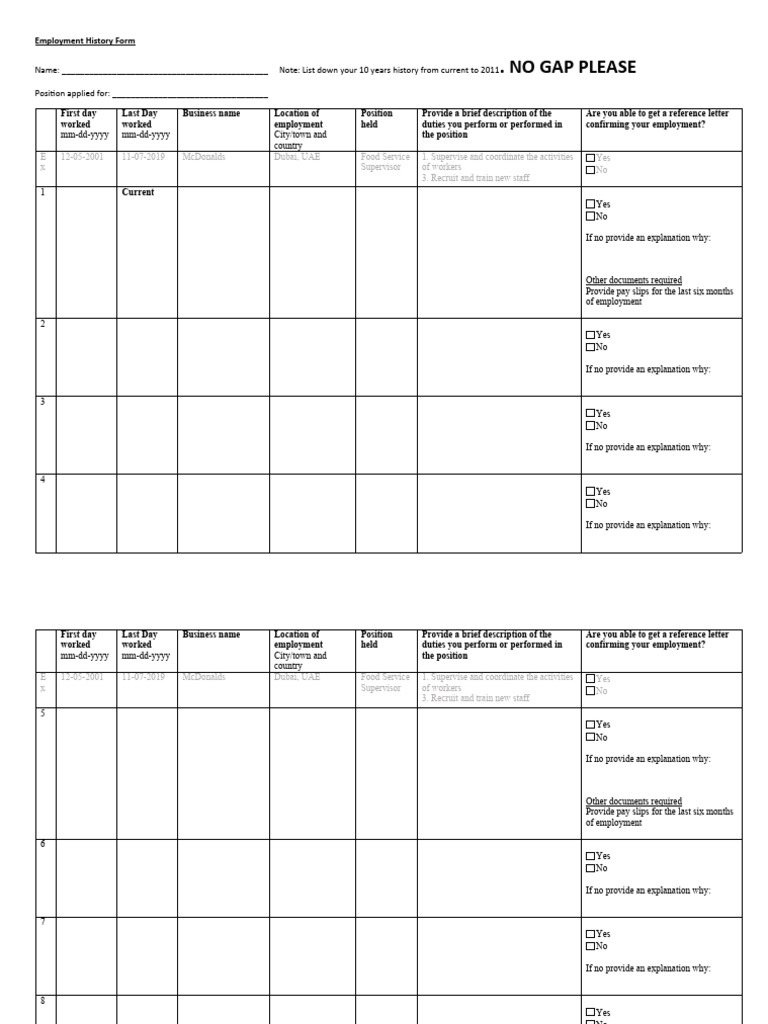 Employment History Form Template | PDF