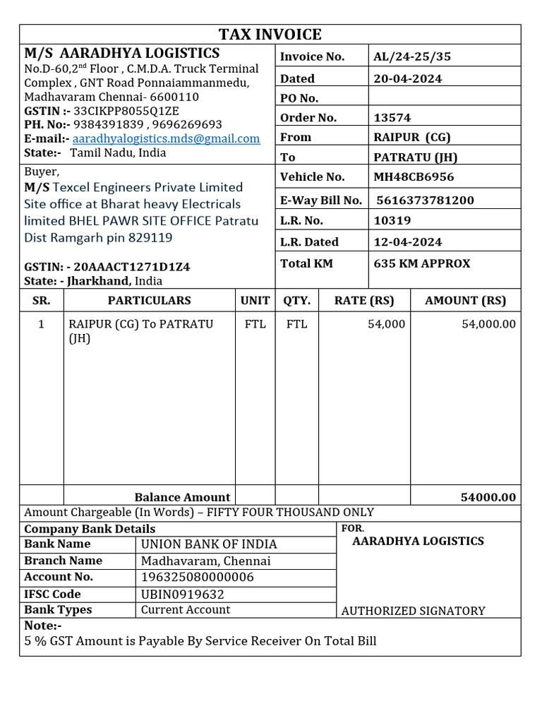 Tax Invoice: M/S Aaradhya Logistics | PDF