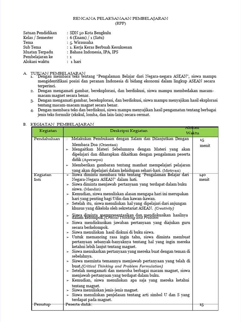 PDF RPP Kelas 6 Tema 5 Subtema 1 4 | PDF | Seni & Disiplin Bahasa