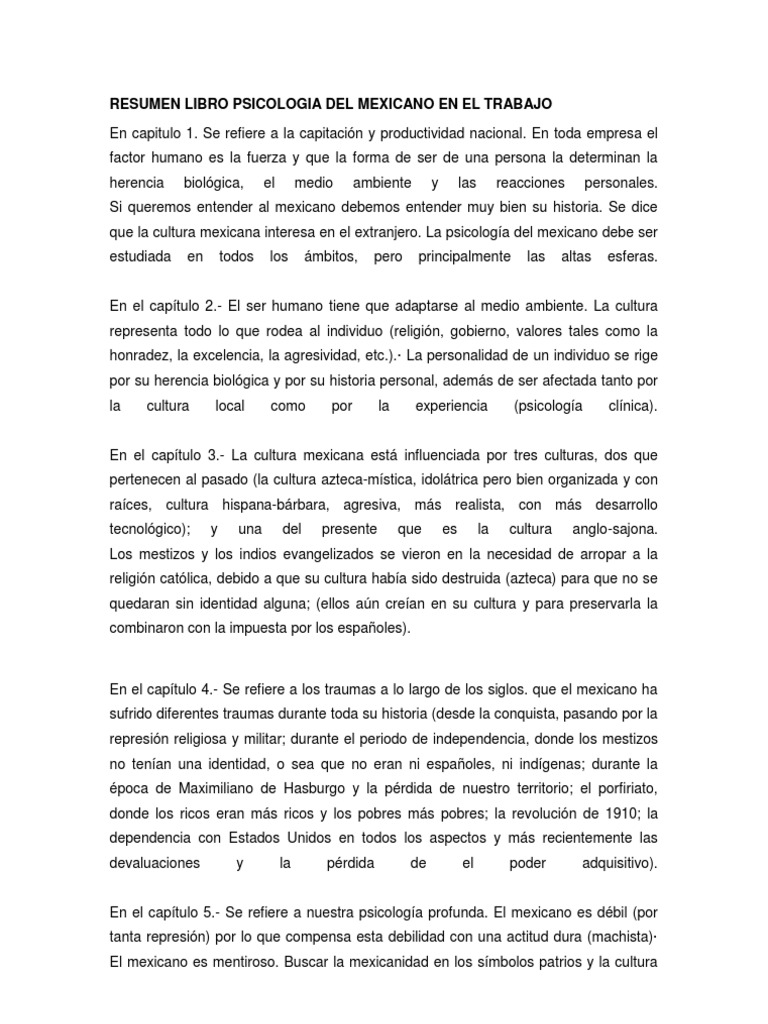 Resumen Libro Psicologia Del Mexicano en El Trabajo | PDF | México | Mujer