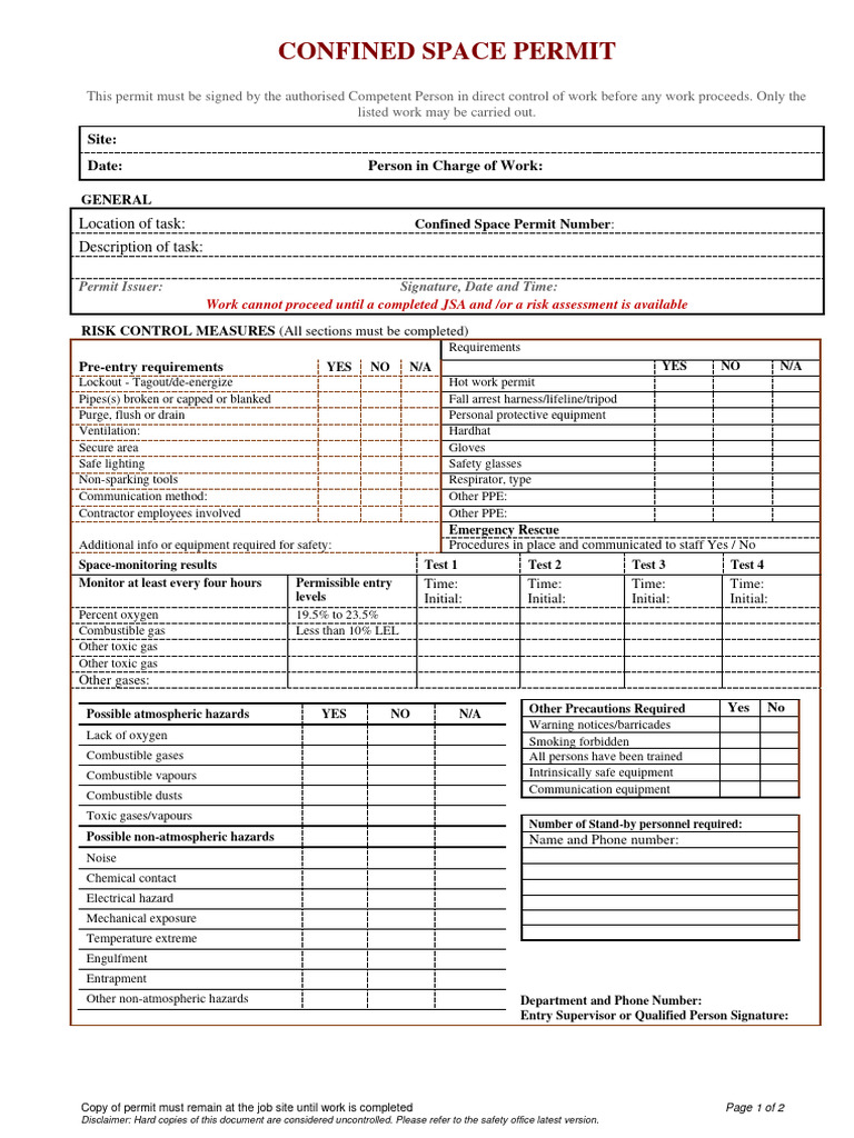 Confined Space Permit | PDF | Personal Protective Equipment | Labor ...