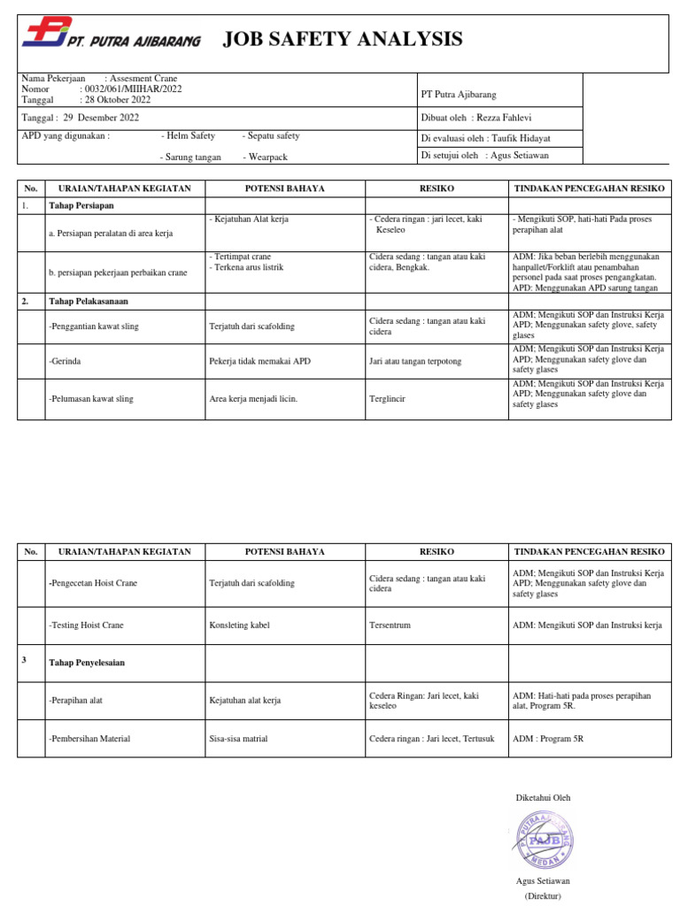 C19.1 Job Safety Analisys Hoist Crane | PDF