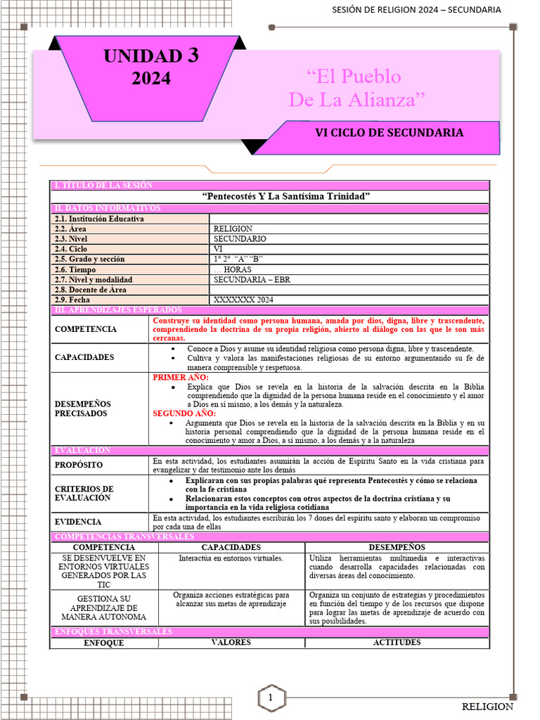 1º 2° Sesion Sem 1 Uni 3 - Religion 2024 | PDF | Aprendizaje | Dios