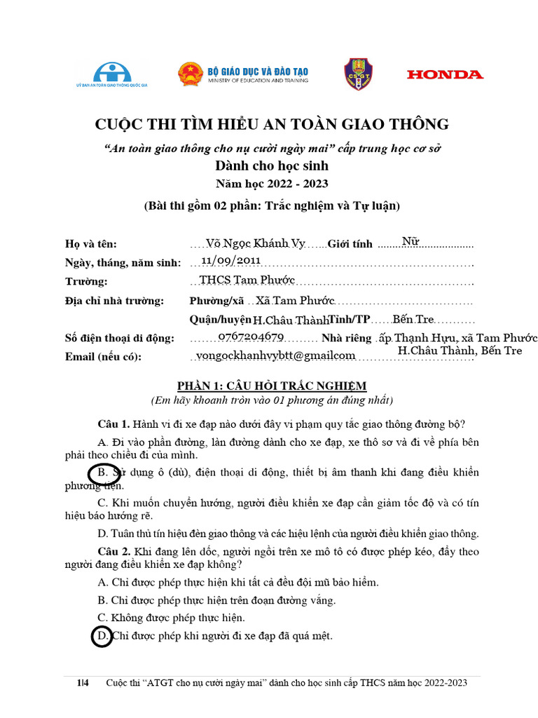 Đề Thi ATGT Cho Học Sinh THCS - 2023 | PDF