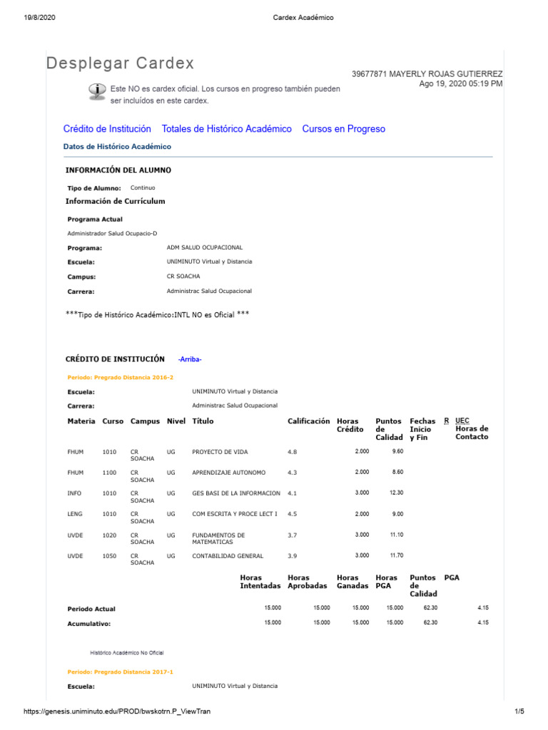Cardex Académico | PDF