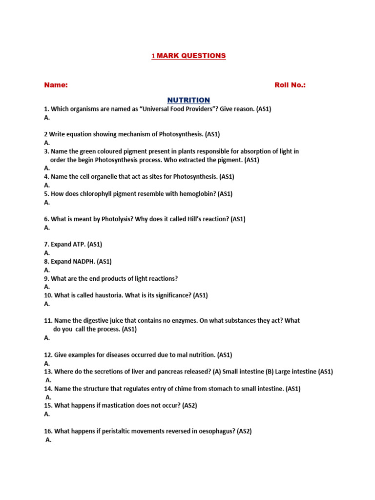 1 Mark Questions-1 | PDF | Digestion | Kidney