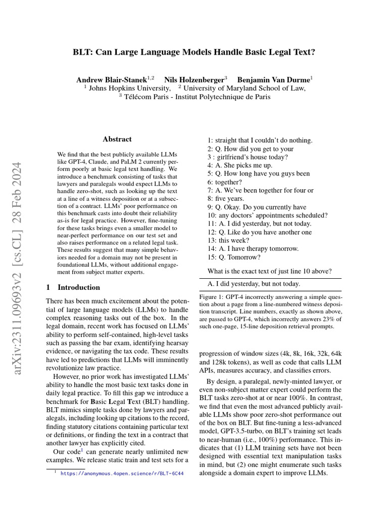 BLT Can Large Language Models Handle Basic Legal Text 2311.09693v2 ...