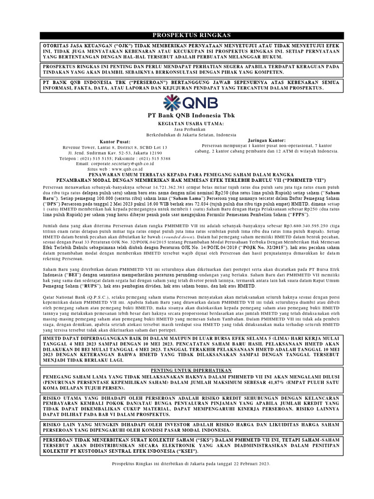 Prospektus Ringkas PMHMETD VII PT Bank QNB Indonesia TBK | PDF