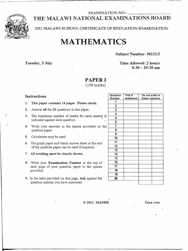 2011msce Math Paper | PDF