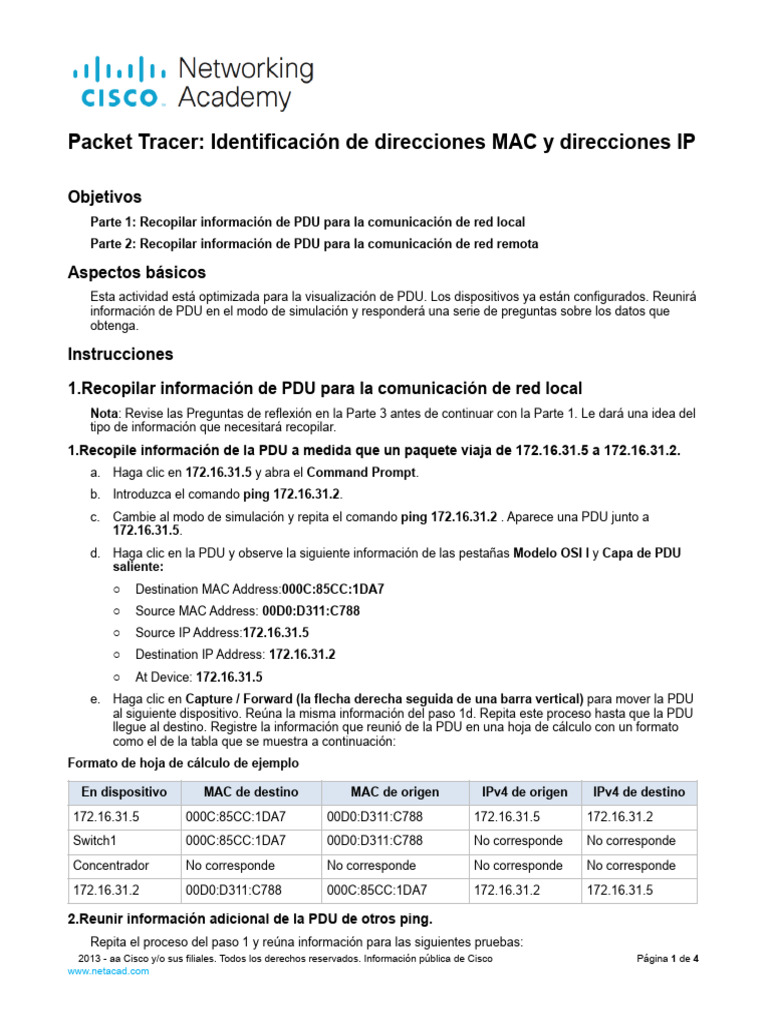 9.1.3 Packet Tracer - Identify MAC and IP Addresses - Pages | PDF | Dirección IP | Enrutador ...
