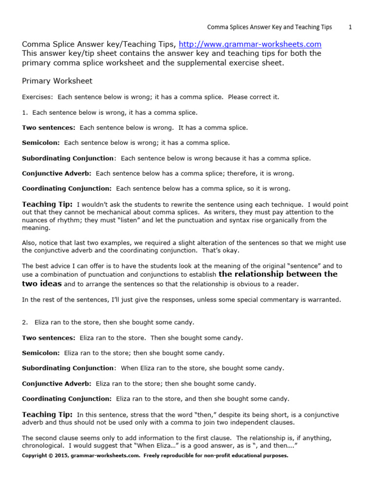 Comma Splices Three Worksheets Answers Tips | PDF | Comma | Grammar