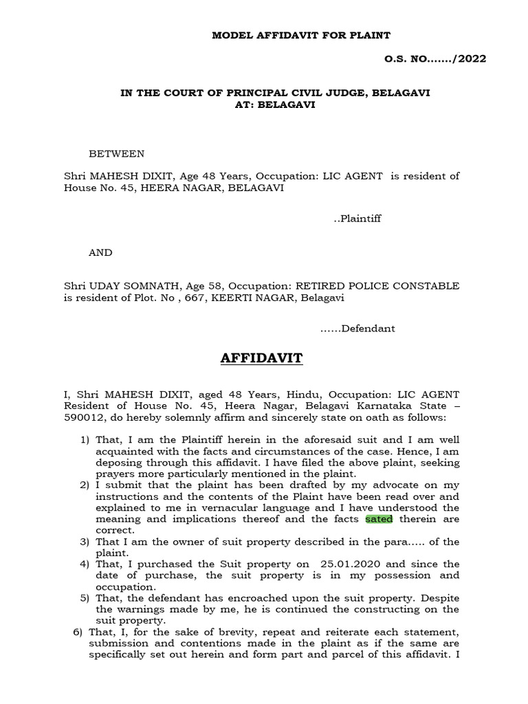 Model Affidavit For Pleadings-2 | PDF | Affidavit | Lawsuit