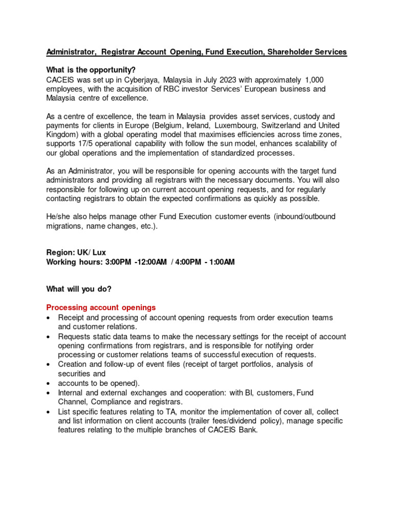 Administrator, Registrar Account Opening, Fund Execution, Shareholder ...