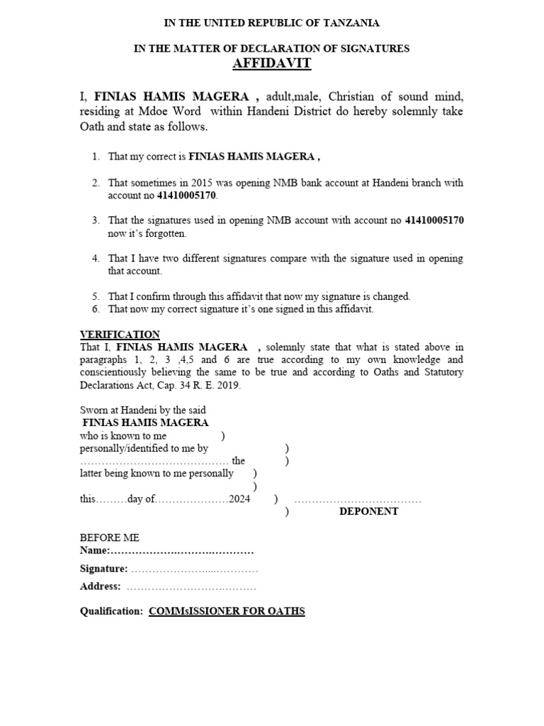 Affidavit of Signature Segesa Kifungo Jacob | PDF