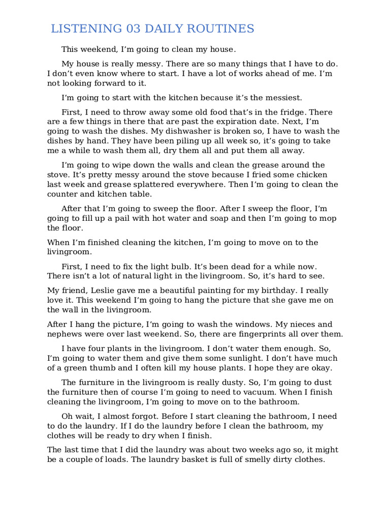 Listening 3 DAILY ROUTINES | PDF | Laundry | Washing Machine