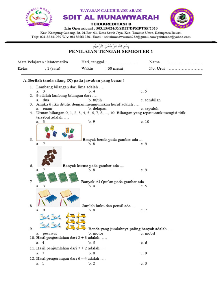 Soal PTS Matematika (Kelas 1) | PDF