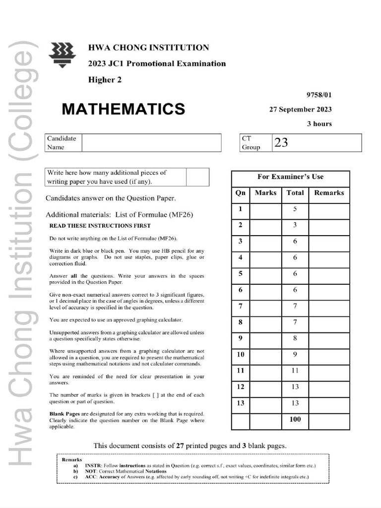 2023 HCI H2 Math JC1 Promo Paper | PDF 2023 HCI H2 Math JC1 Promo Paper | PDF