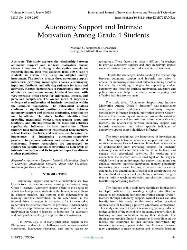 Autonomy Support and Intrinsic Motivation Among Grade 4 Students | PDF ...