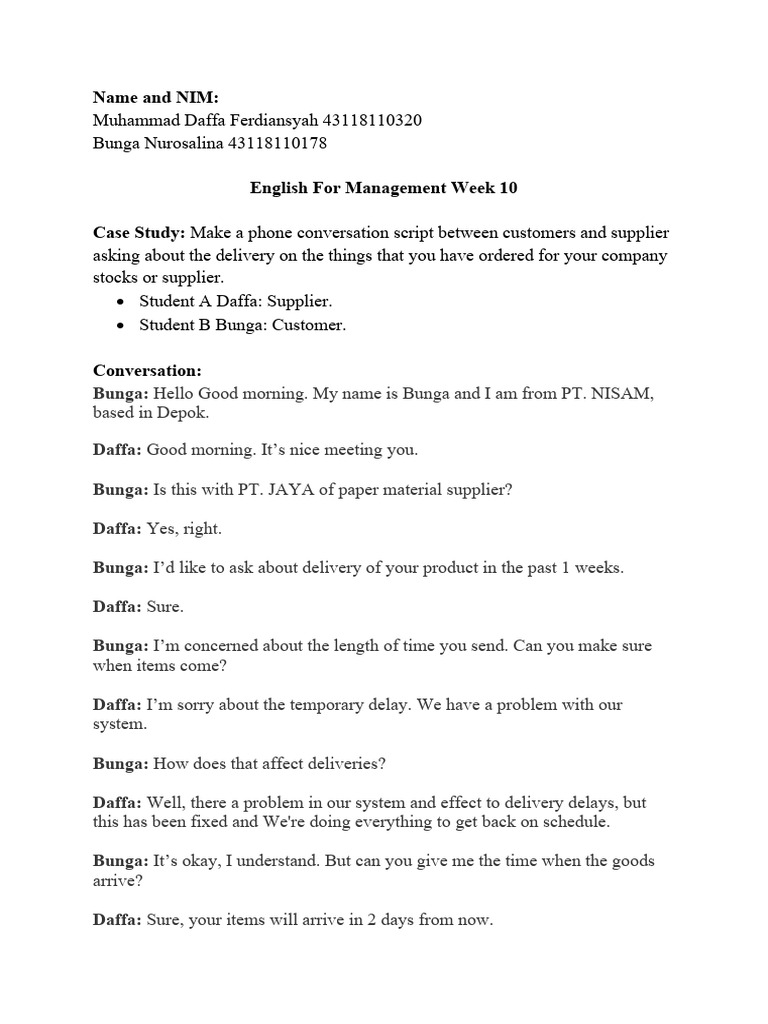 Customer-Supplier Delivery Conversation Script | PDF