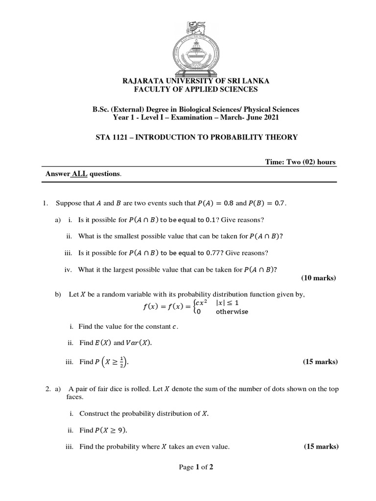 STA 1121 Intoduction to Probability Theory- 2021 | Download Free PDF | Random Variable ...