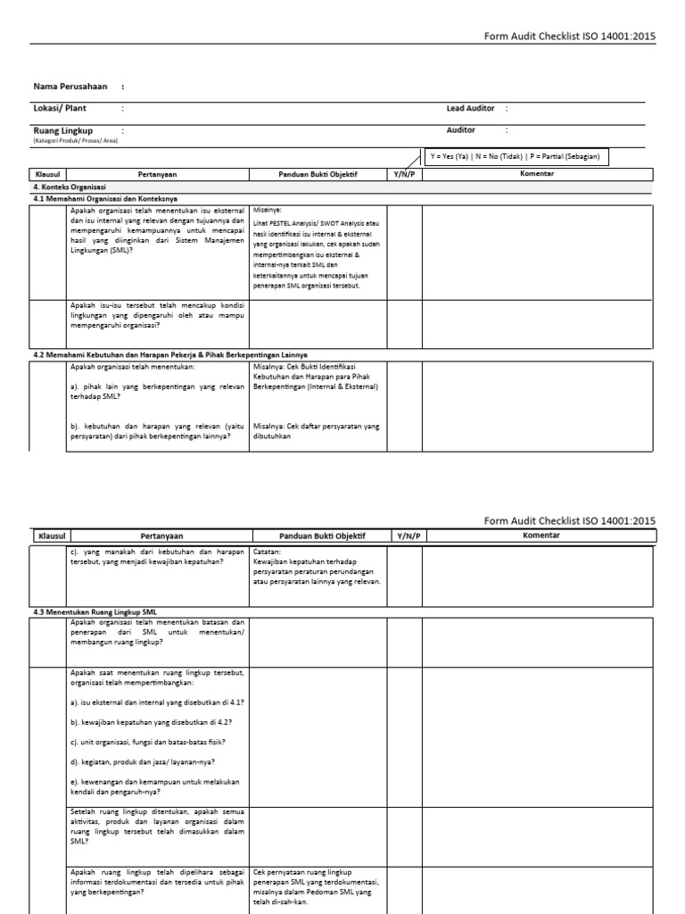 Form Audit Checklist Iso 14001 2015 | PDF