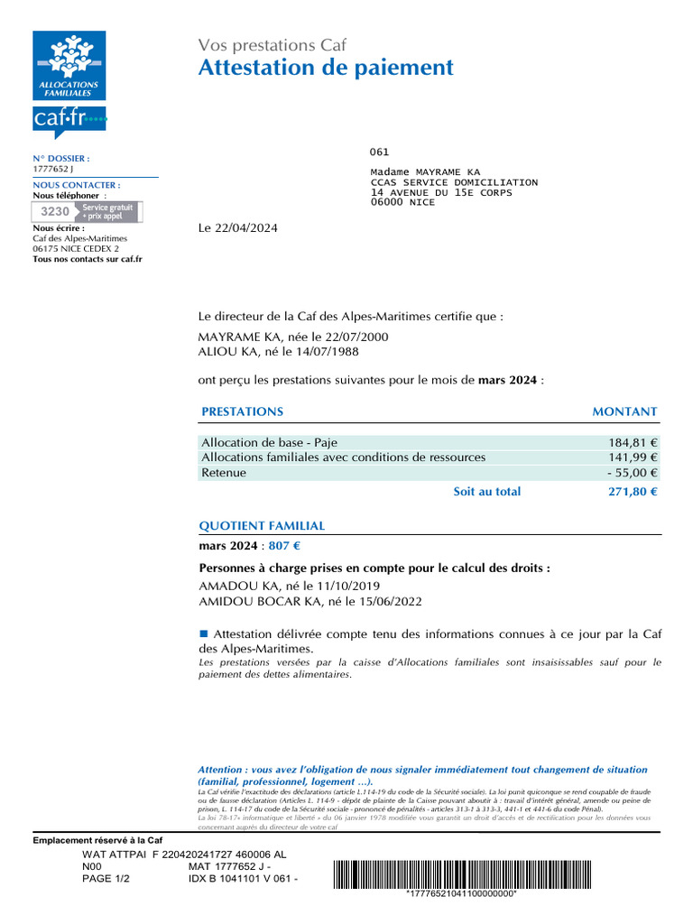 Attestation de paiement Caf - Avril 2024 | PDF | Vie privée et informatique