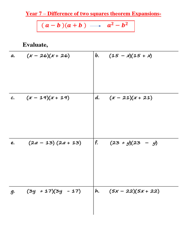 Year 7 - Expansions by Difference of Two Square Theorem - 2024 - With ...