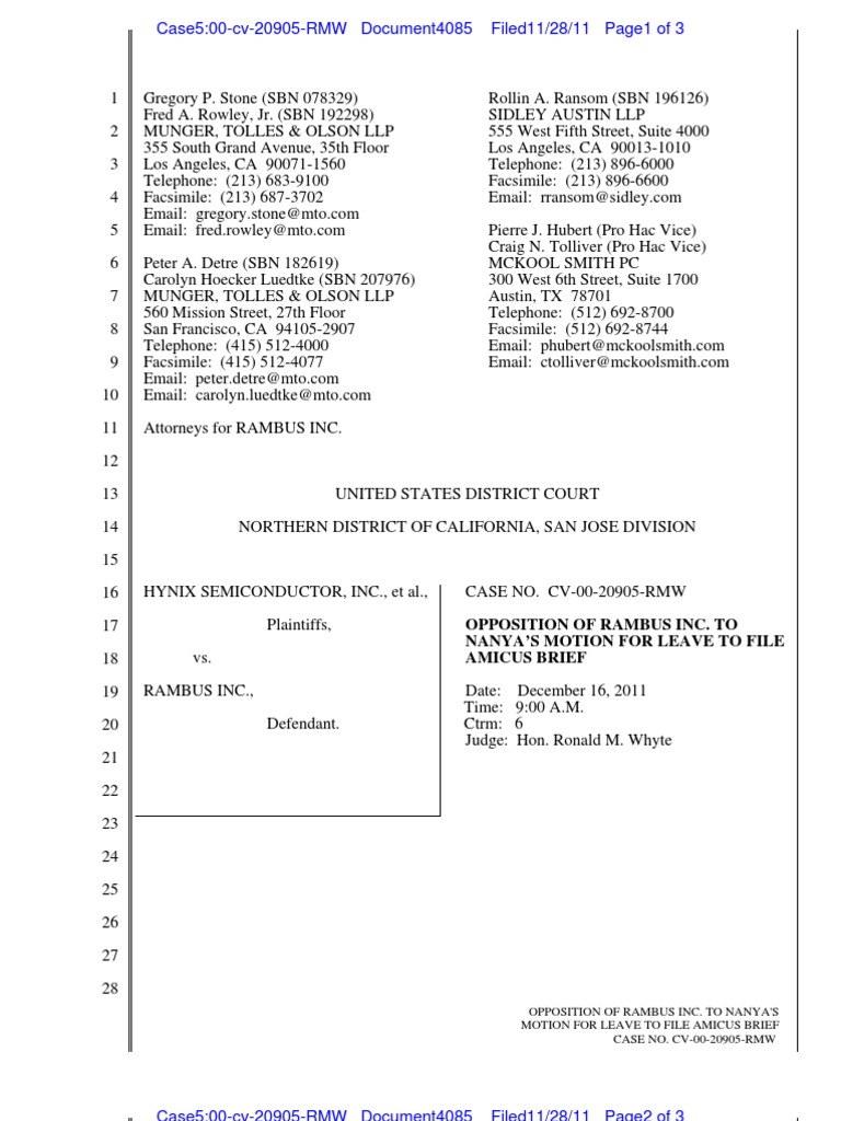 Opposition of Rambus Inc. To Nanya'S Motion For Leave To File Amicus ...