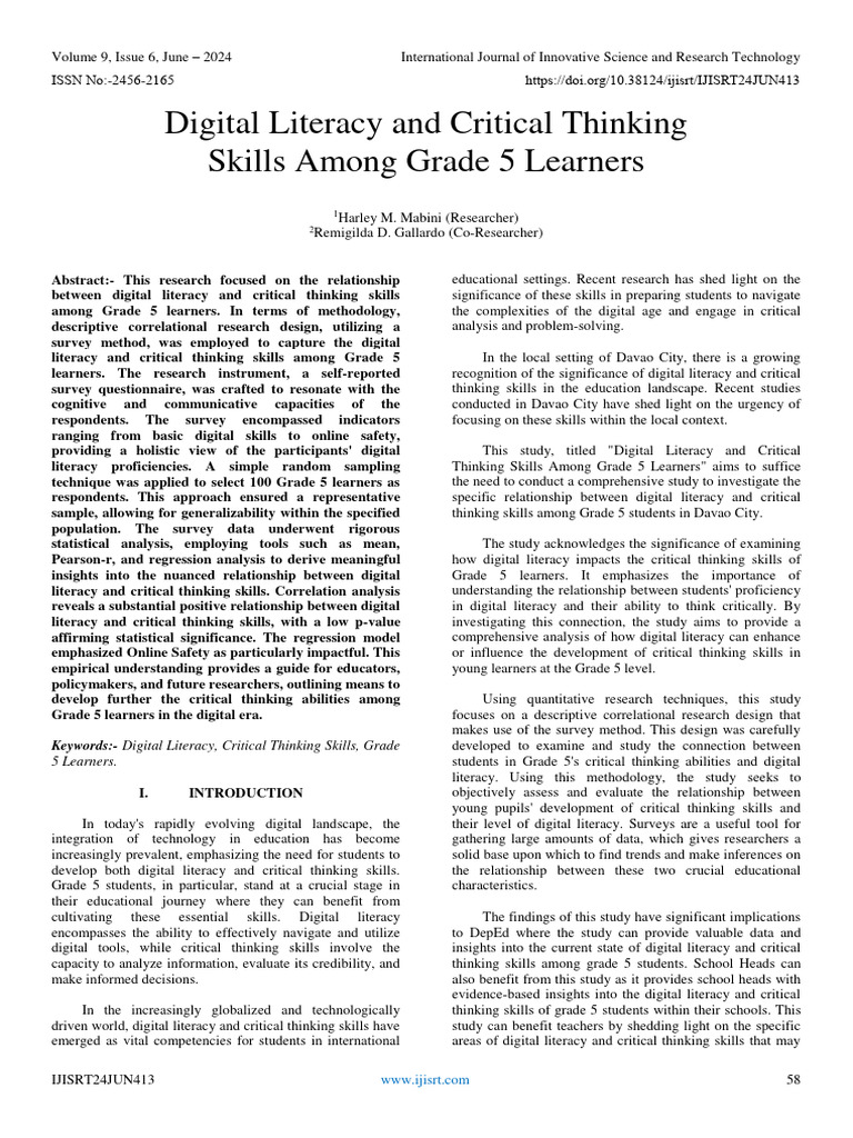 Digital Literacy and Critical Thinking Skills Among Grade 5 Learners ...