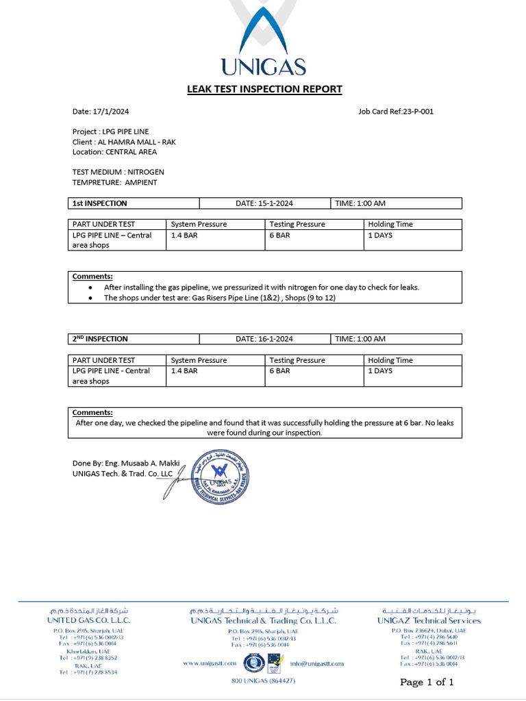 LPG Pressure test report - Central Area | PDF