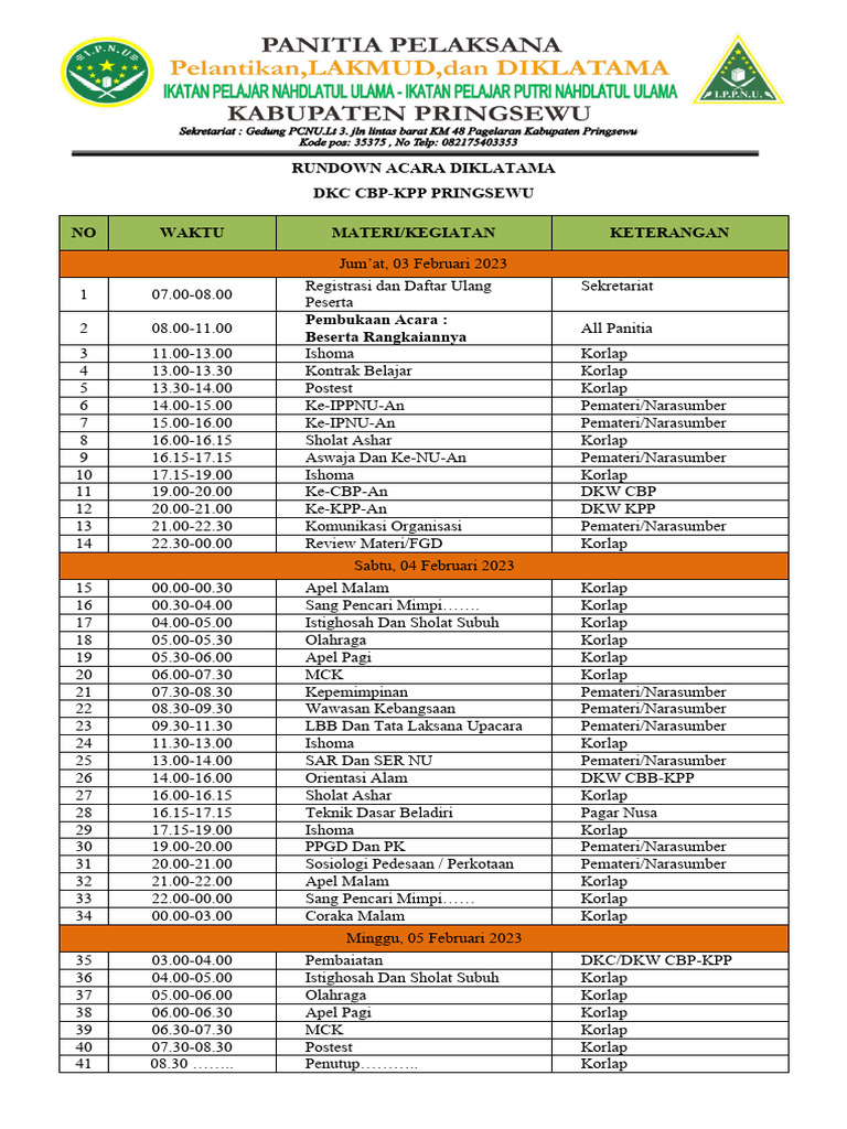 Rundown Acara Diklatama Dkc Cbp - Kpp Pringsewu (1) | PDF