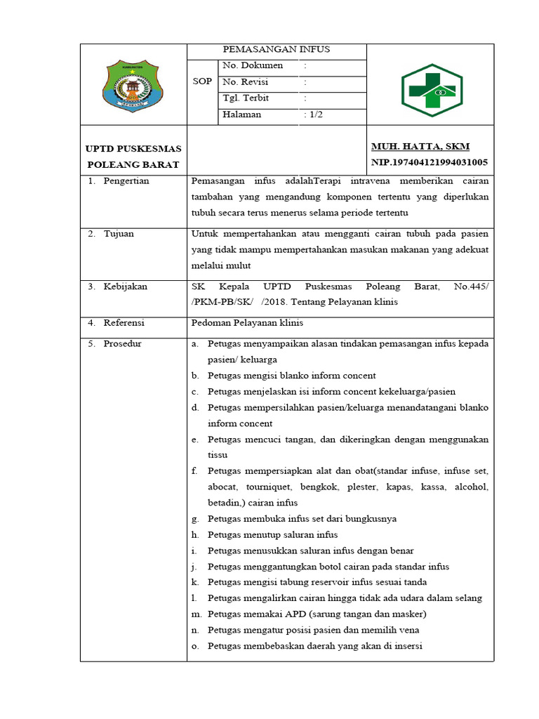 Sop Pemasangan Infus | PDF