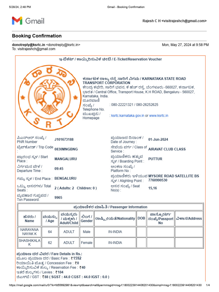 KSRTC Ticket Sample | PDF