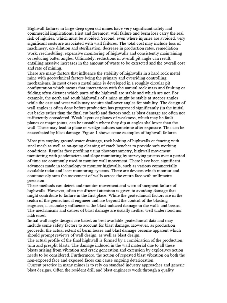 Highwall Failures in Large Deep Open Cut Mines Have Very Significant ...