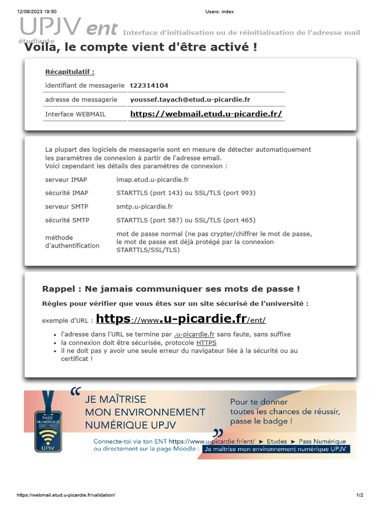 Activation du Webmail Étudiant UPJV | PDF