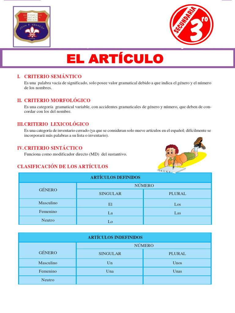 El-Artículo-y-su-Clasificación para 3ro | PDF | Género gramatical ...