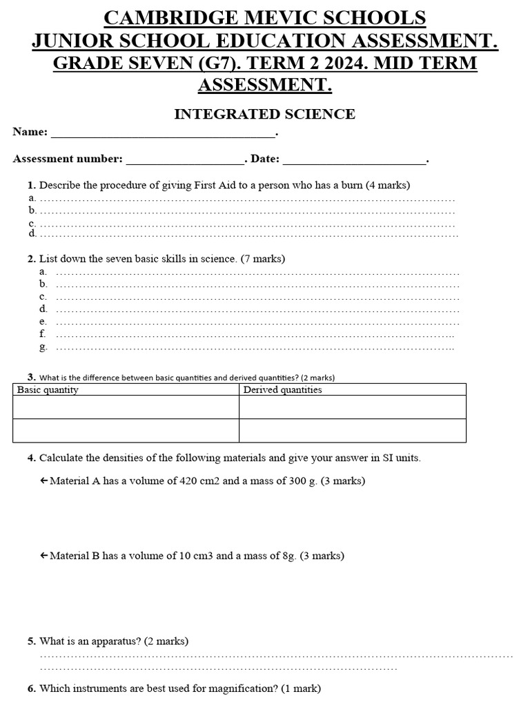 Grade 7 Integrated Science Term 2 Exam | PDF | Metrology