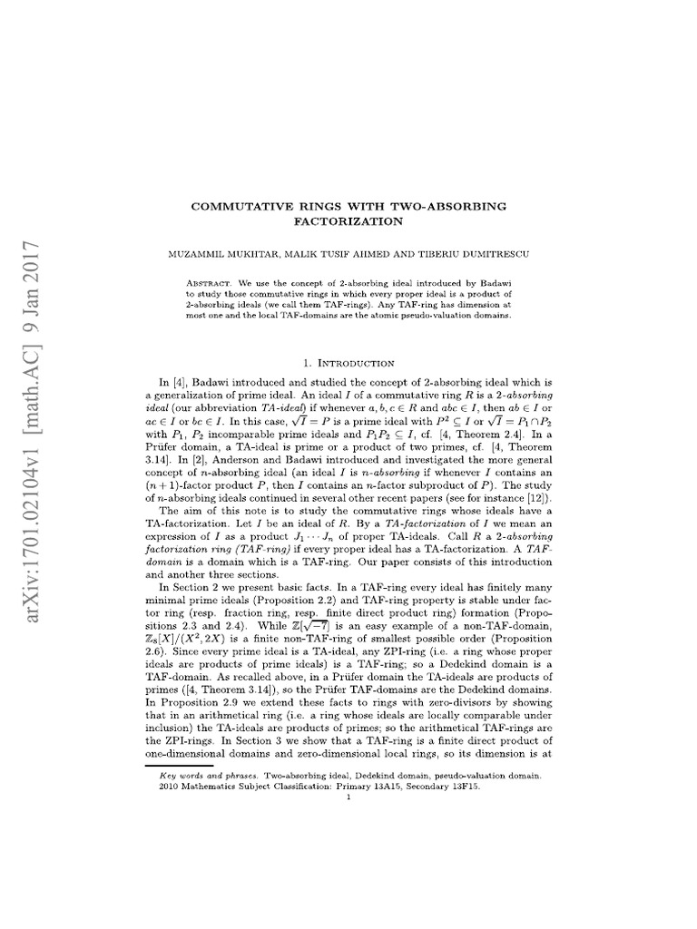 Commutative Rings With 2-Absorbing Factorization | PDF