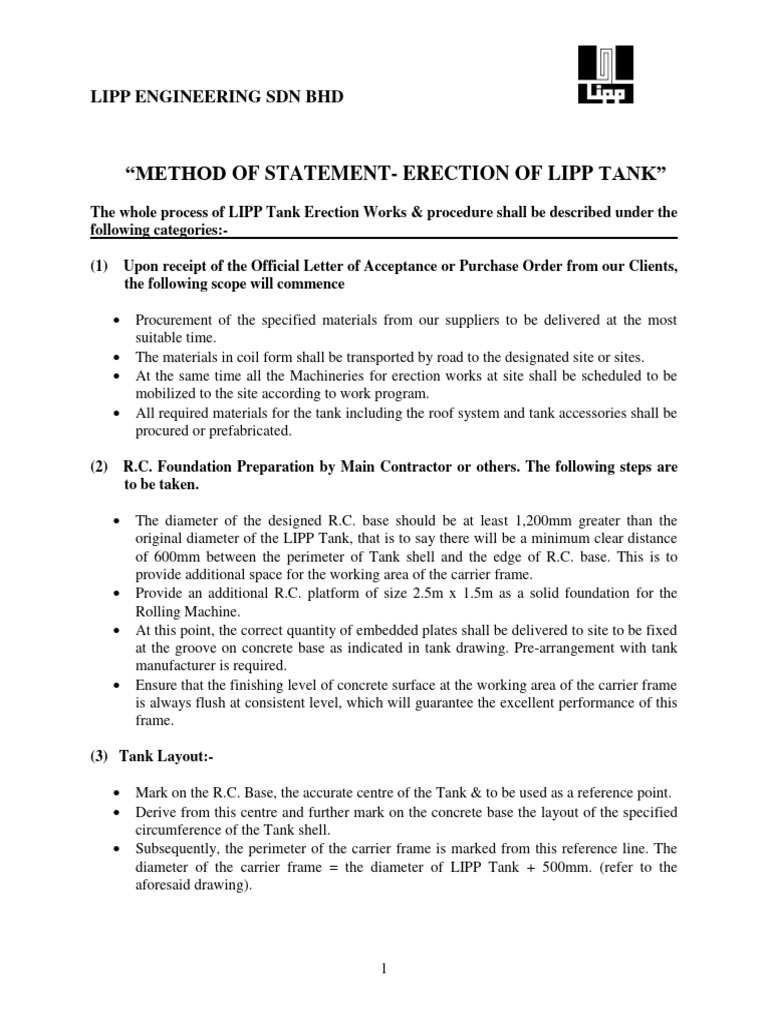 Lipp Tank Erection Method Statement PDF | PDF | Tanks | Concrete