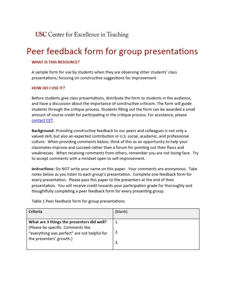 Peer Feedback Form For Group Presentations | PDF