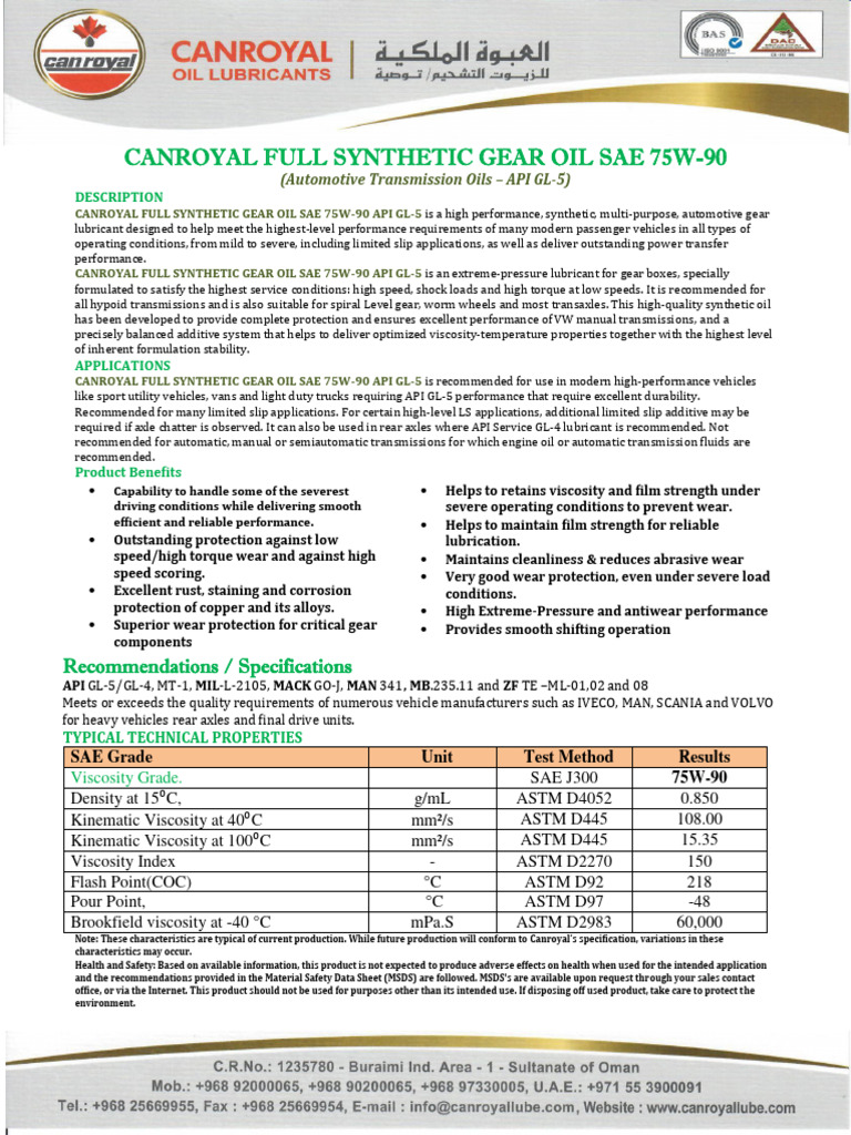 01-Tds-.Canroyal Full Synthetic Gear Oil Sae 75W-90 Api GL-5 | PDF | Mechanical Engineering ...