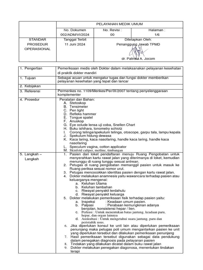 Sop Pelayanan Medik Umum | PDF | Sains & Matematika